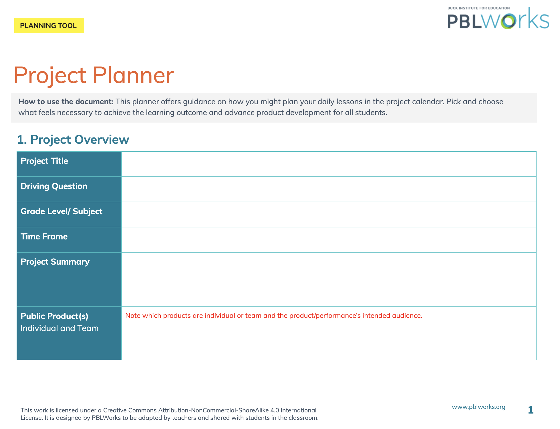 Project Based Lesson Plan Template