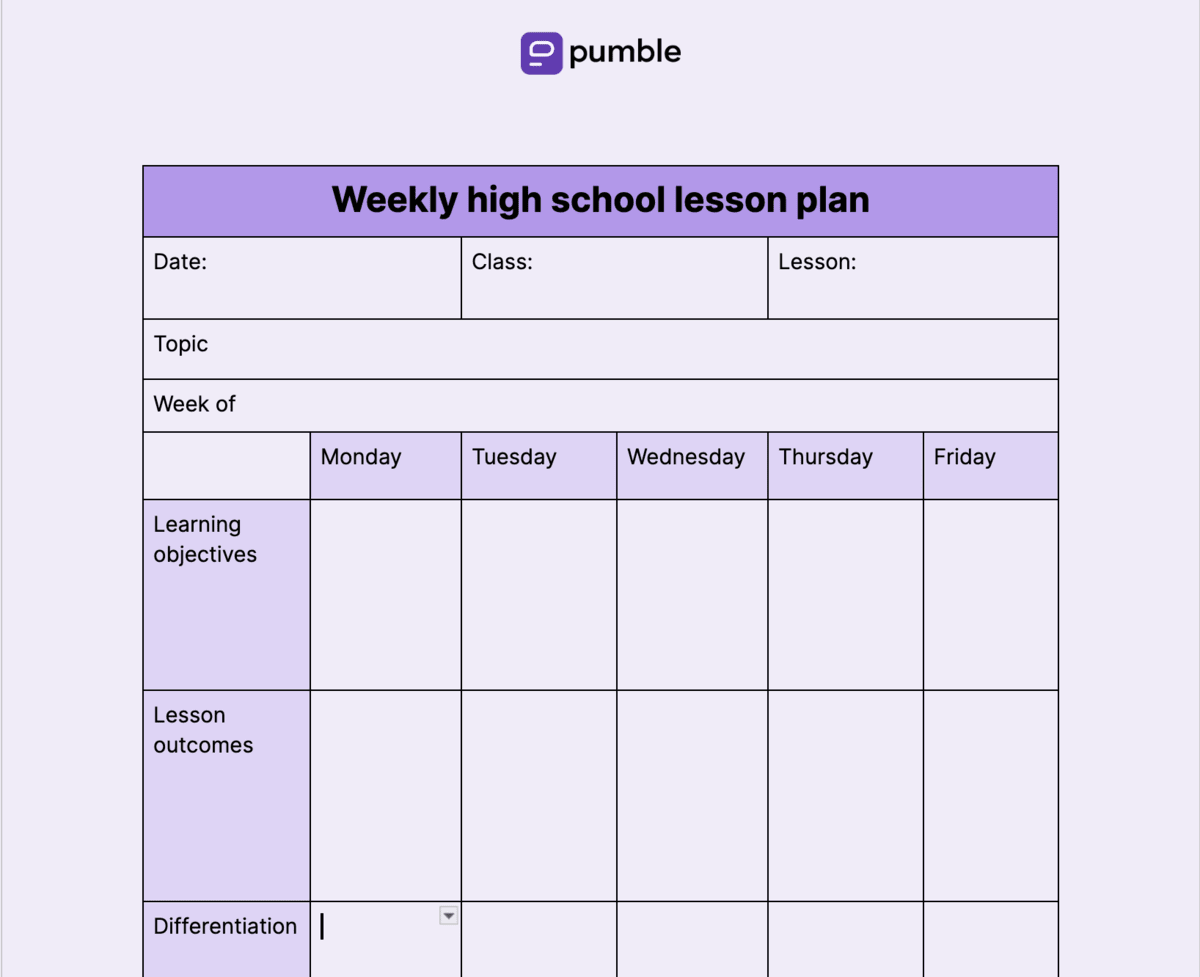 Weekly Lesson Plan Template