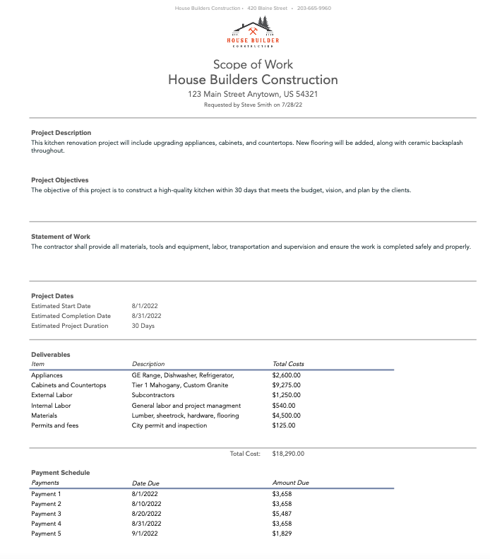 Construction Of New House Scope Of Work Template