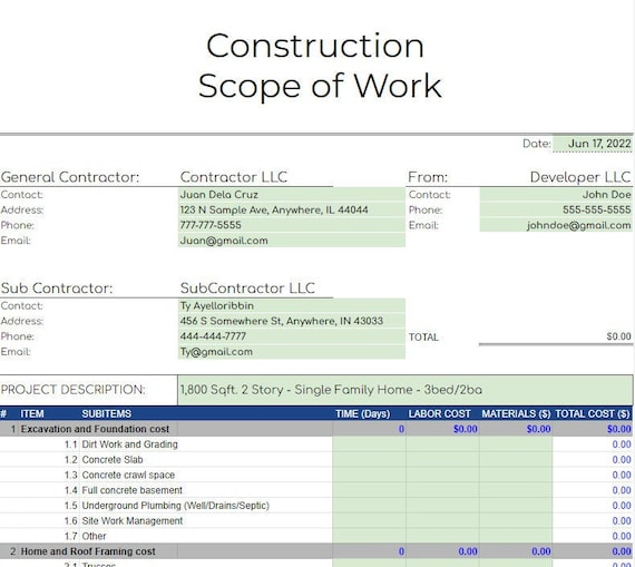 Warehouse Construction Scope of Work Template